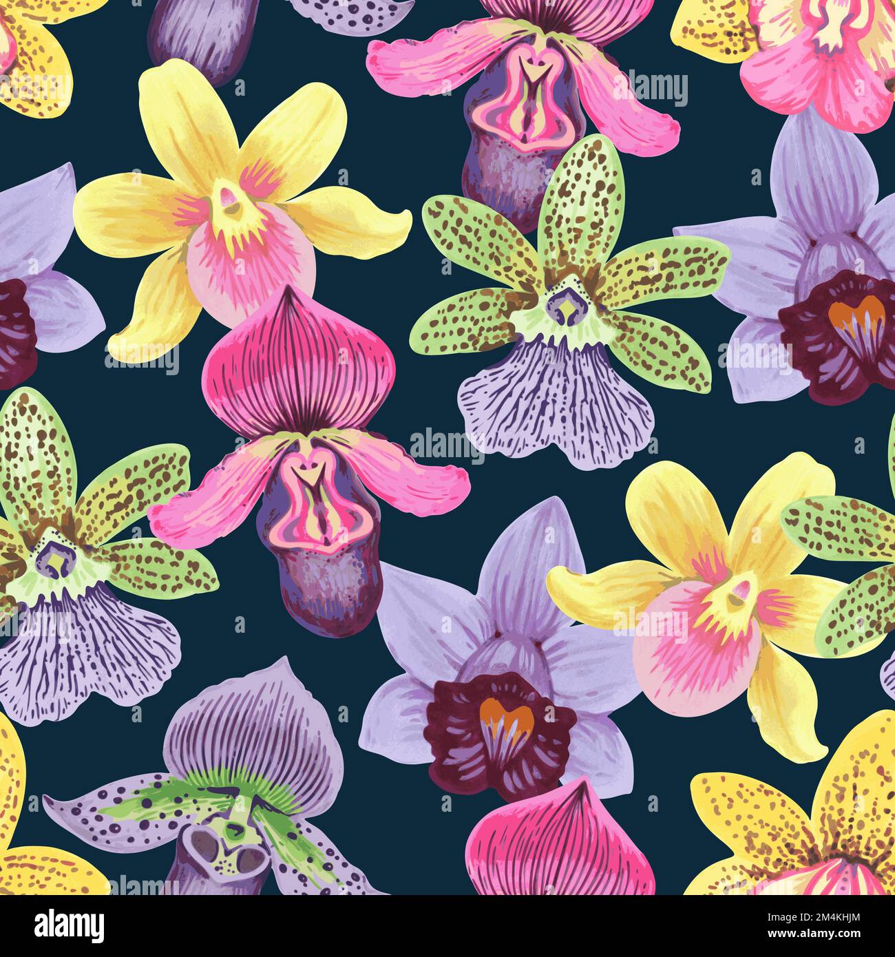 Vector seamless pattern with colorful psychedelic orchid flowers. Hand ...