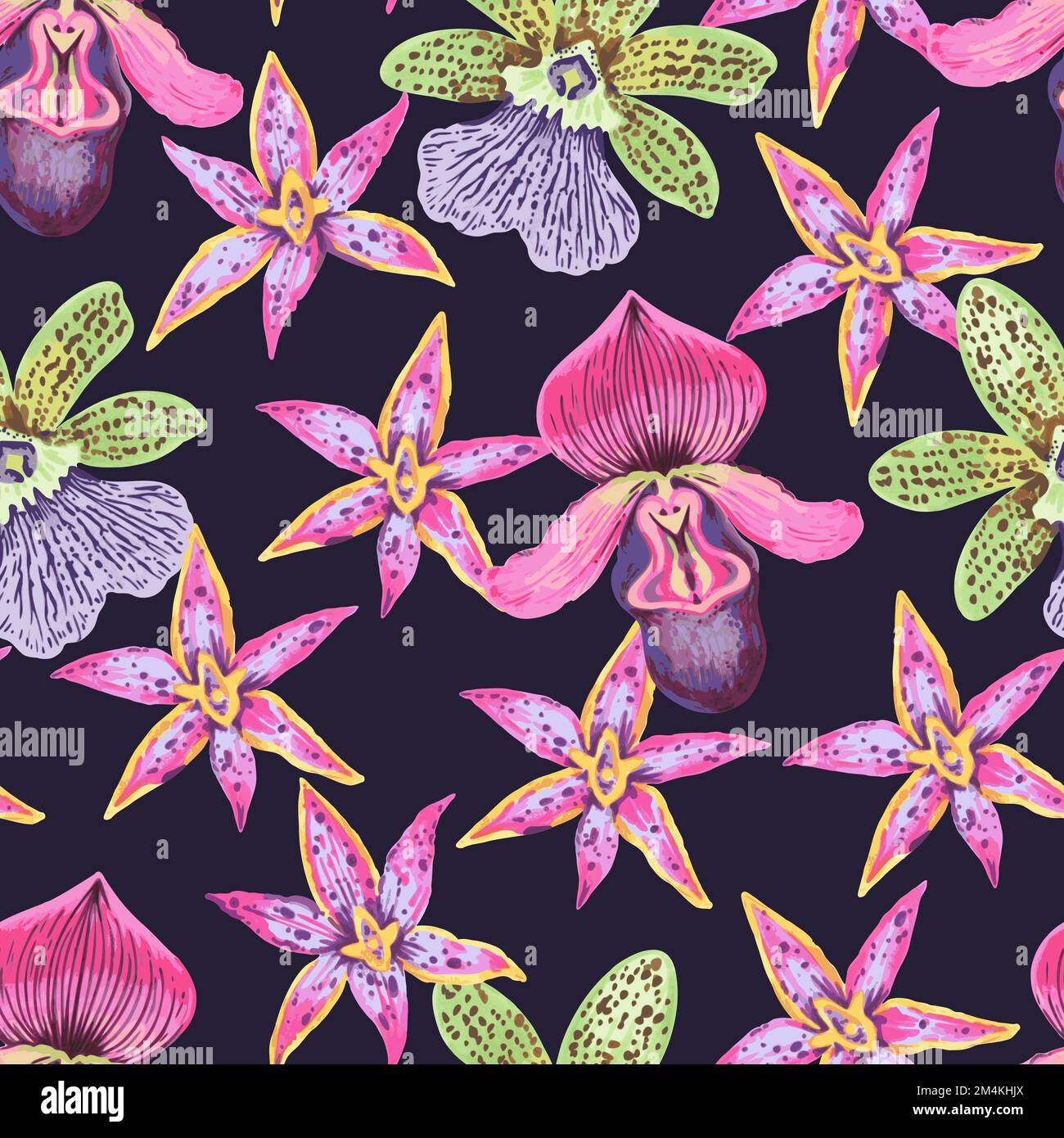 Vector seamless pattern with colorful psychedelic orchid flowers. Hand ...
