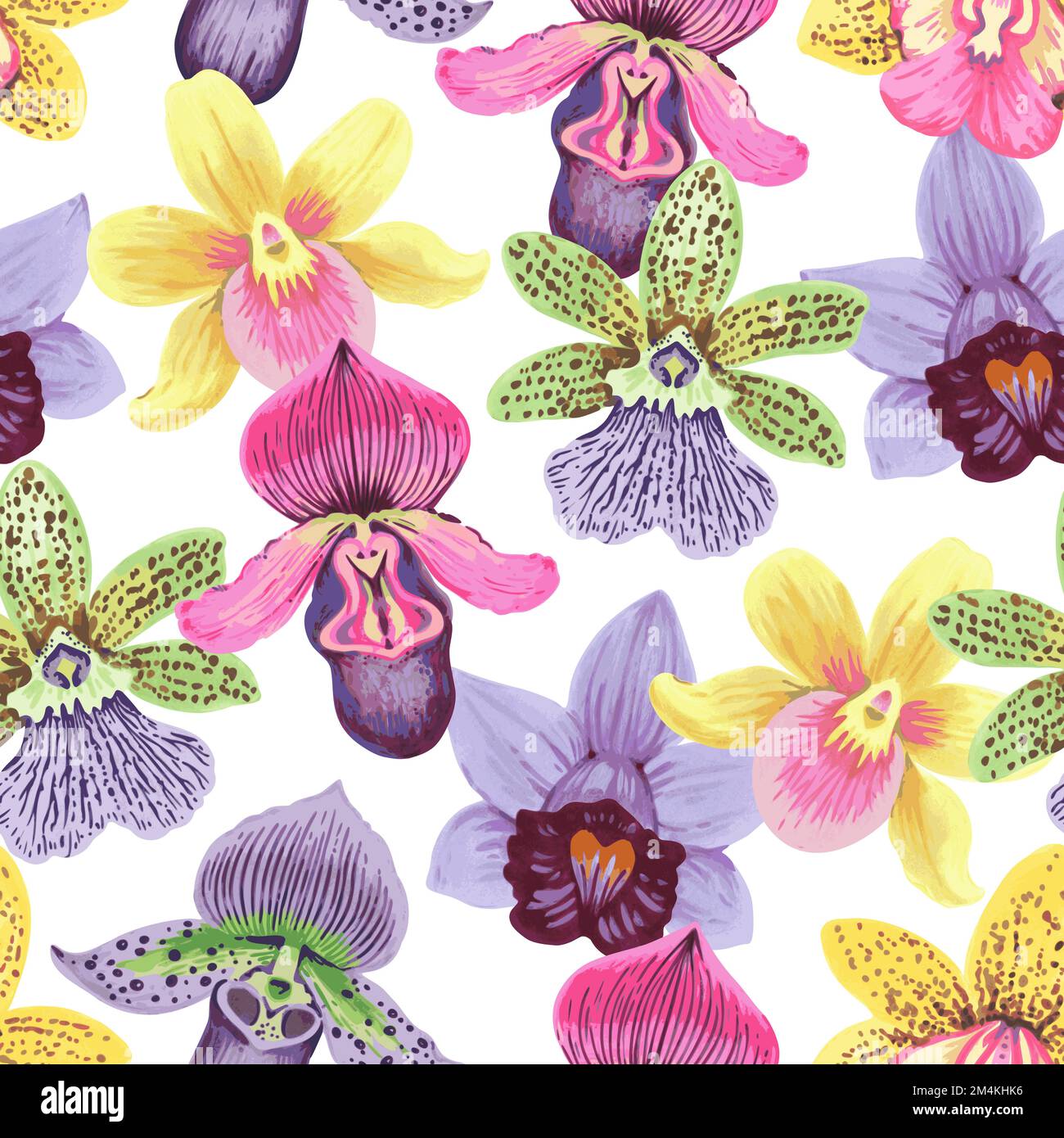 Vector seamless pattern with colorful psychedelic orchid flowers. Hand ...
