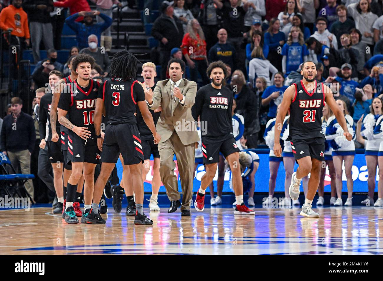 DECEMBER 21, 2022: The SIU Edwardsville Cougars celebrate their upset ...