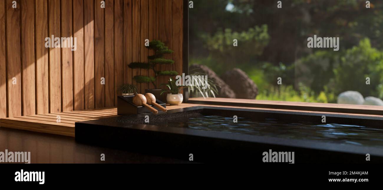 close-up image, Luxury beautiful Japanese Onsen or jacuzzi against the ...