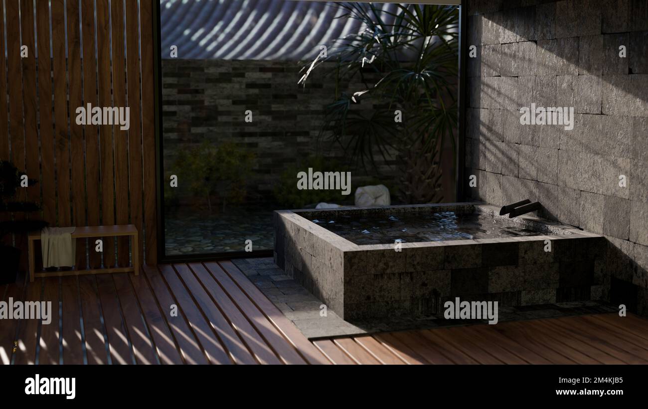 Japanese outdoor Onsen space exterior design with stone bath against ...