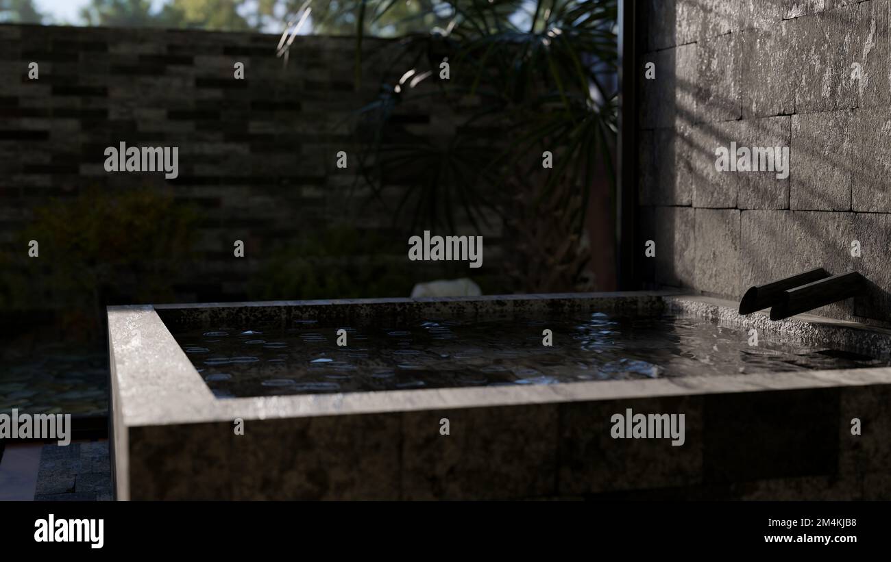 Exterior design of a Japanese outdoor Onsen space with a stone bath ...