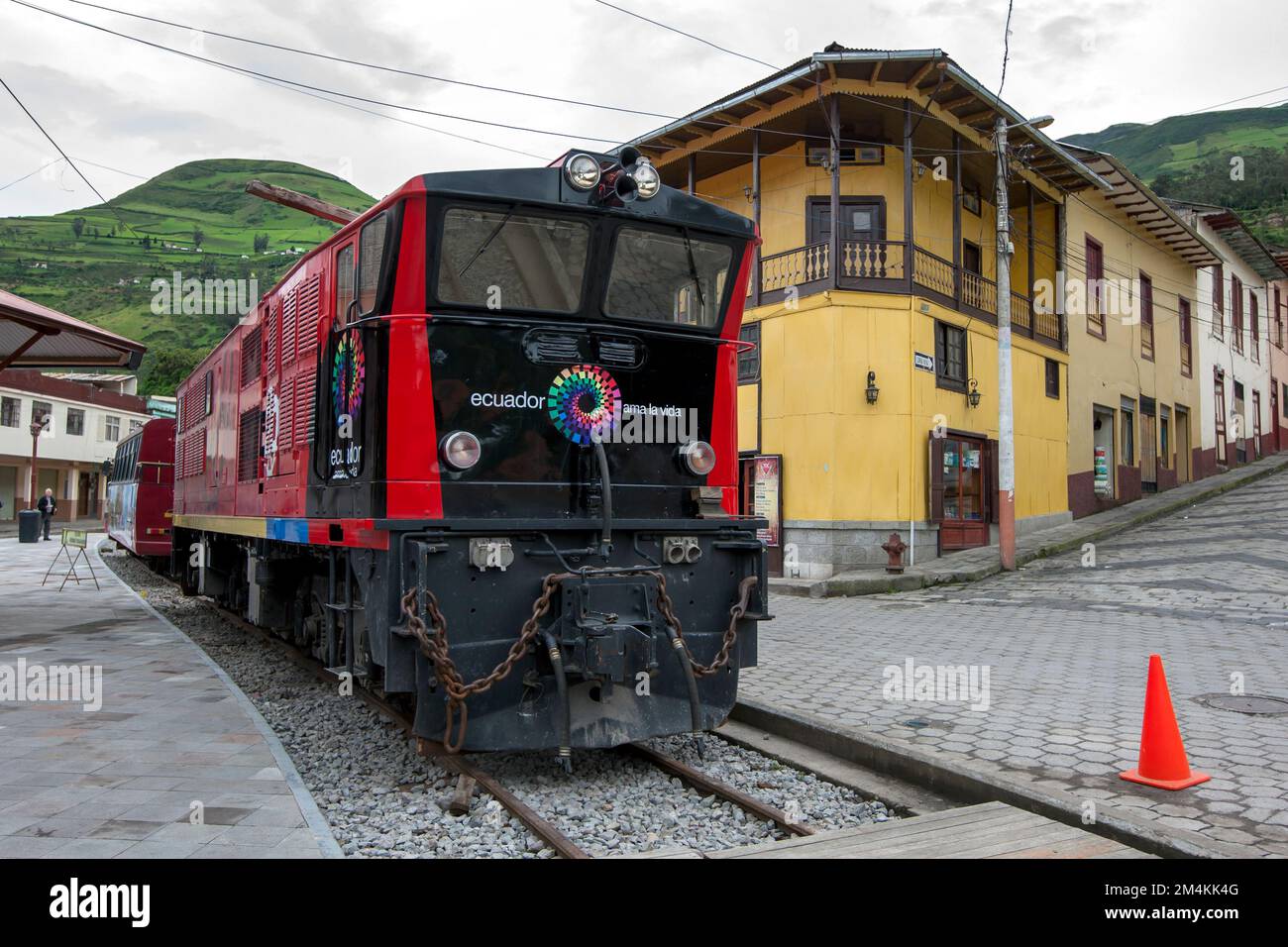 A diesel train engine sits at the Alausi station in Ecuador. It will ...