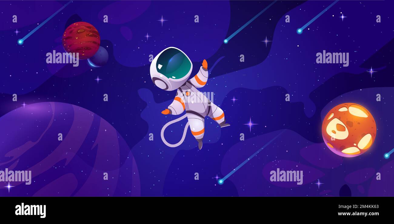 Cute astronaut flying in cosmos with alien planets, comets and stars ...
