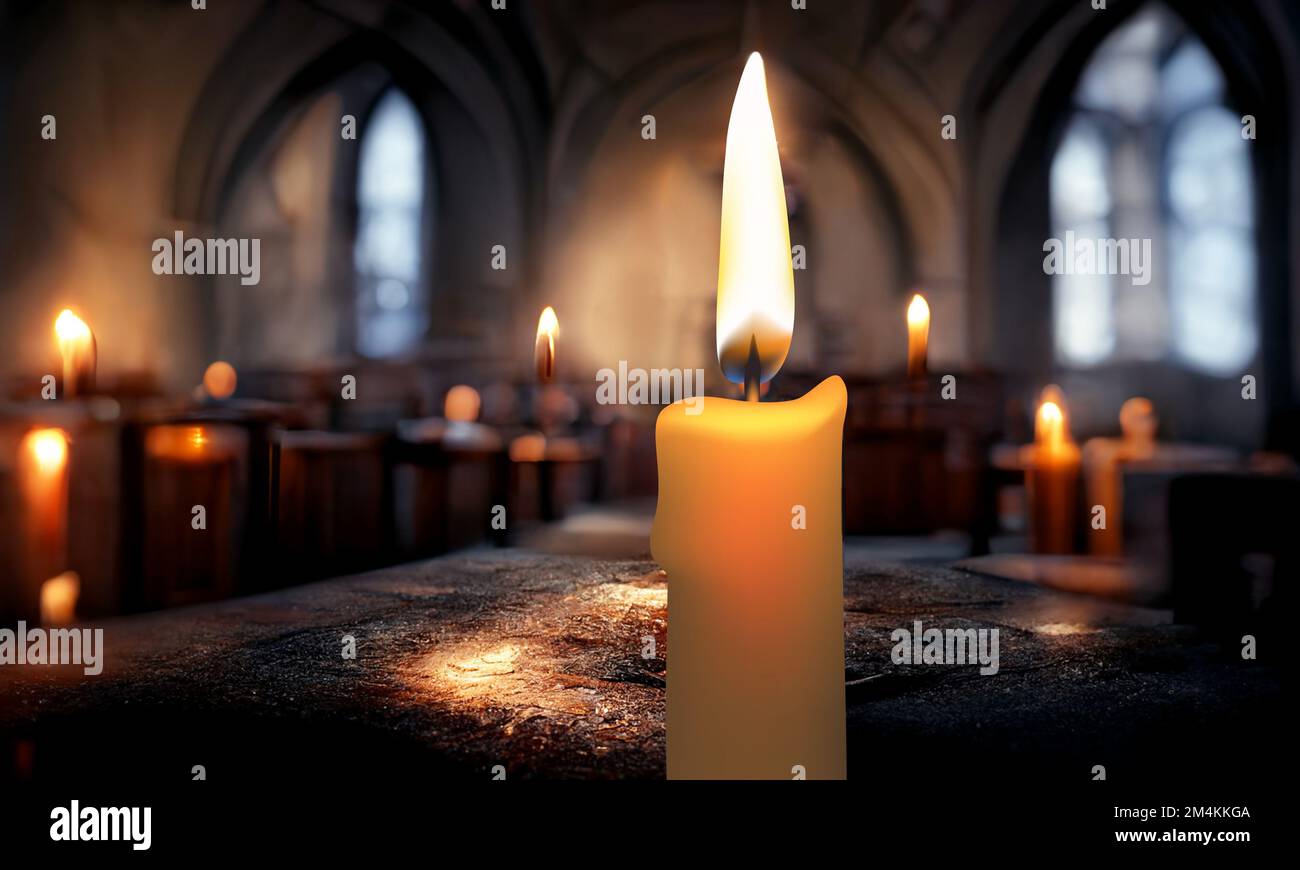 Candles glowing in a dark catholic church. 3D illustration Stock Photo ...