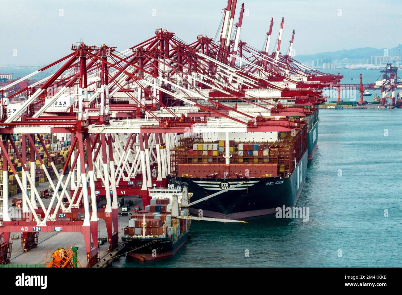 Aerial photo shows the busy scene at Qianwan container terminal of ...