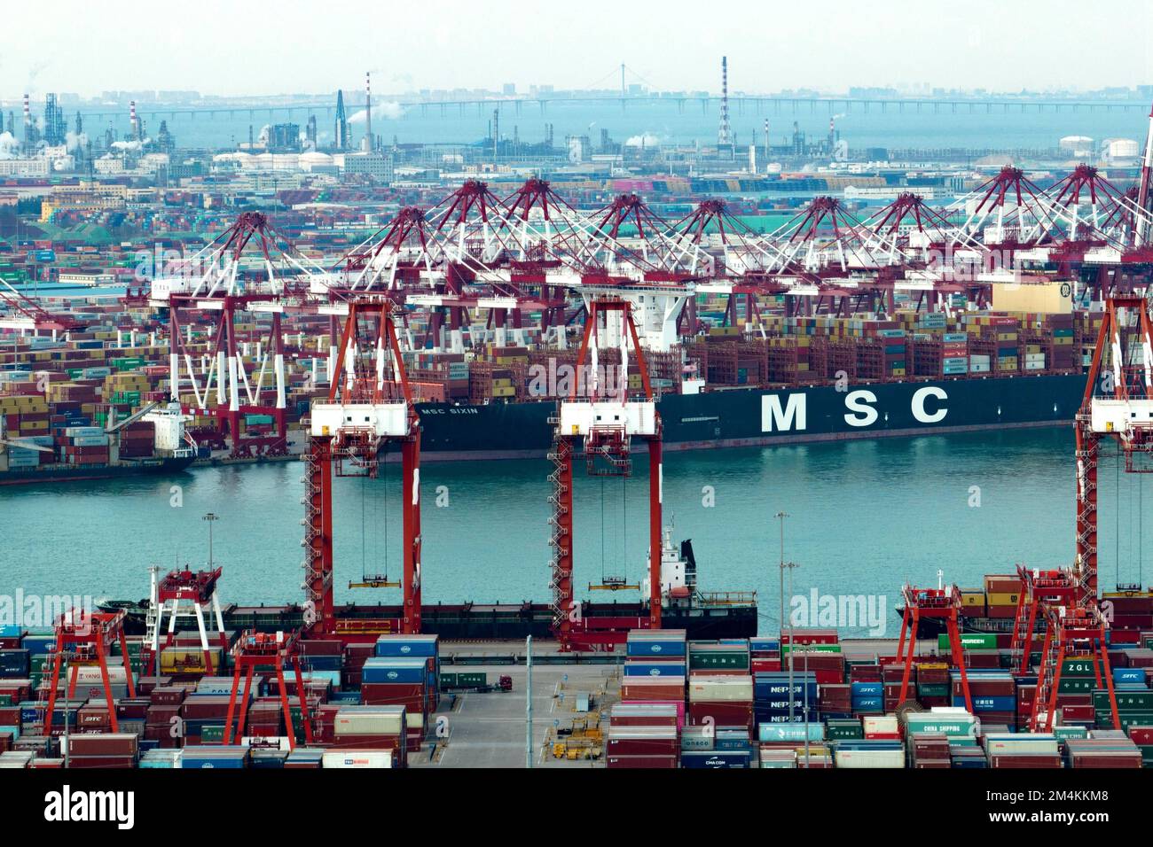Aerial photo shows the busy scene at Qianwan container terminal of ...