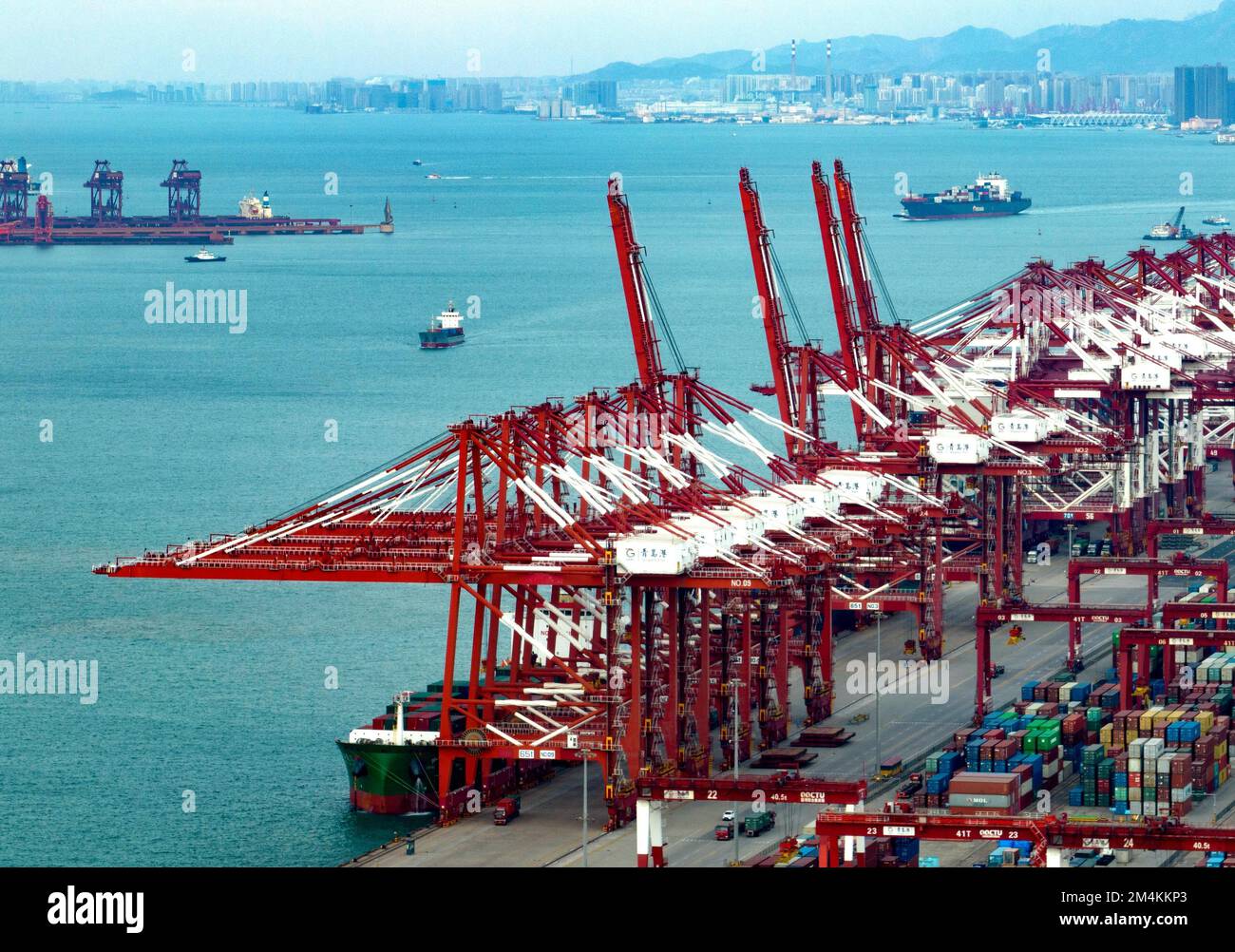 Aerial photo shows the busy scene at Qianwan container terminal of ...