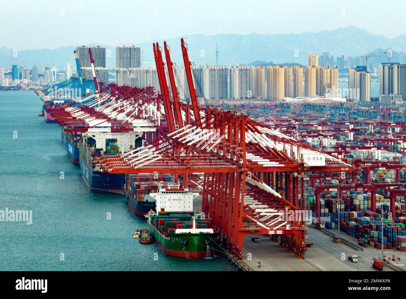 Aerial photo shows the busy scene at Qianwan container terminal of ...