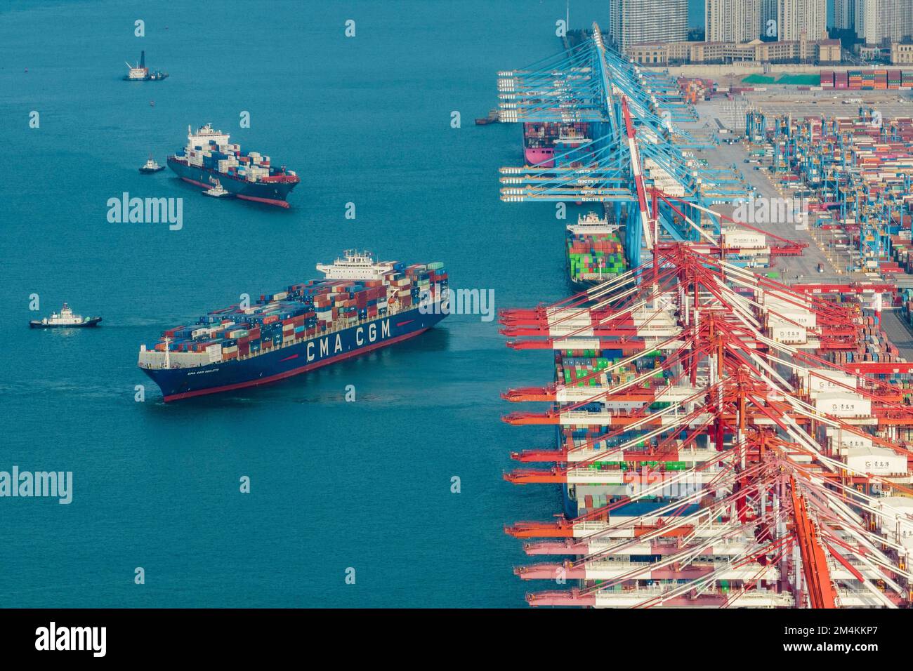 Aerial photo shows the busy scene at Qianwan container terminal of ...