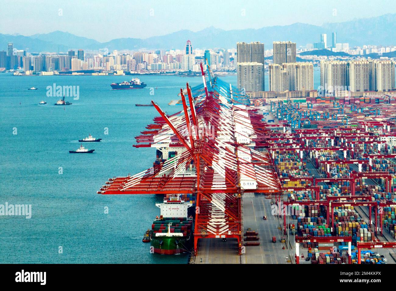 Aerial photo shows the busy scene at Qianwan container terminal of ...