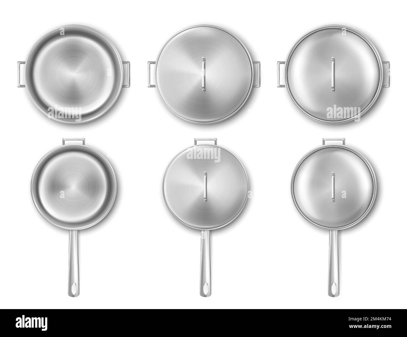 Metal cooking pot and frying pan top view. Vector realistic mockup of ...