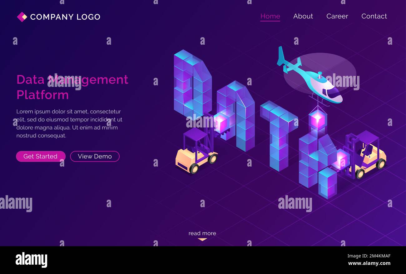 DMP, Data management platform isometric landing page. Collecting and managing businesses ...