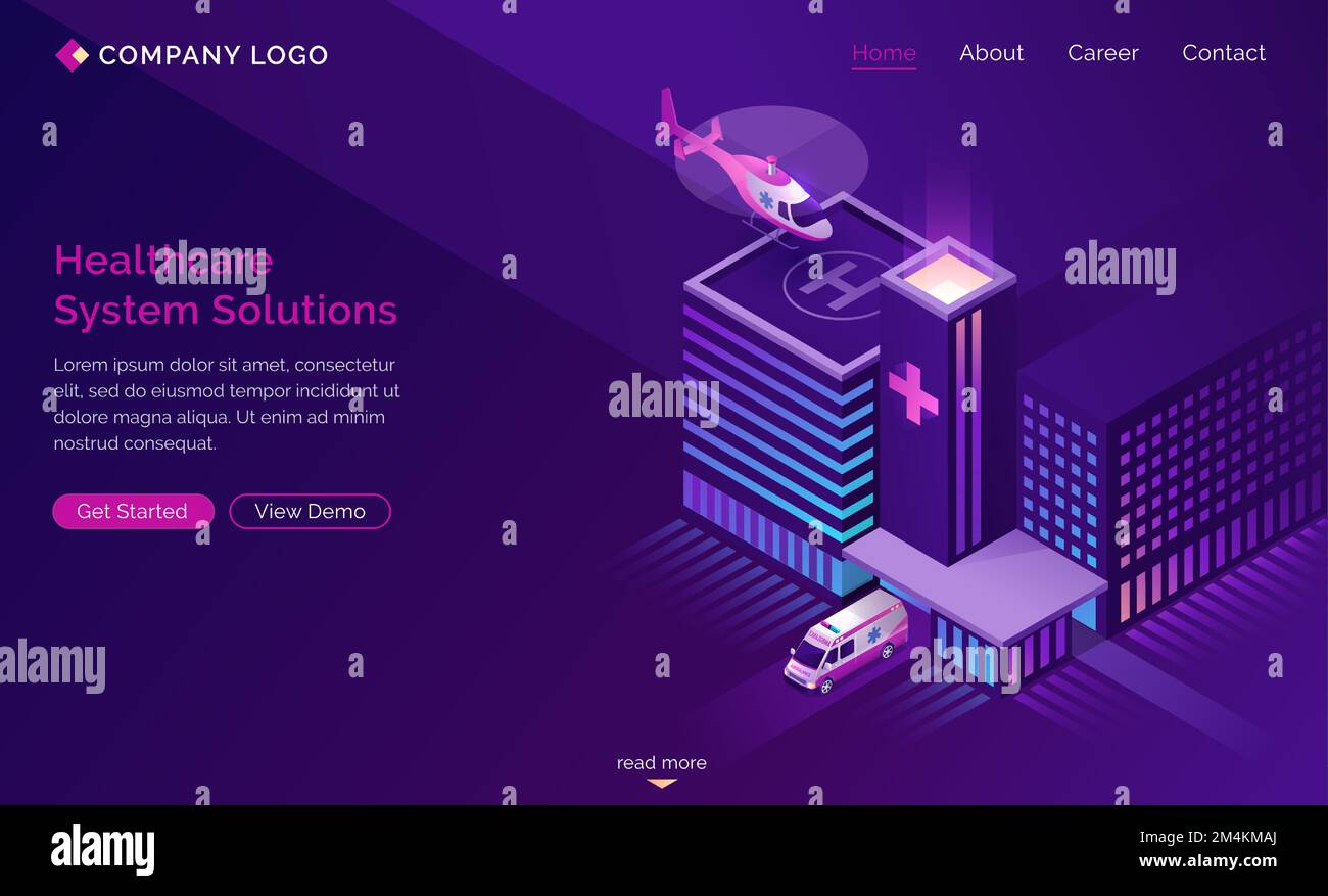 Healthcare system solutions isometric landing page. Helicopter landing ...
