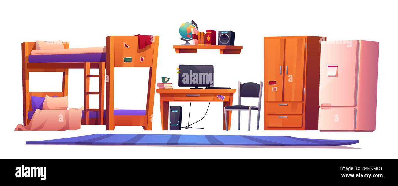 Hostel or student dormitory room interior stuff set isolated on white ...