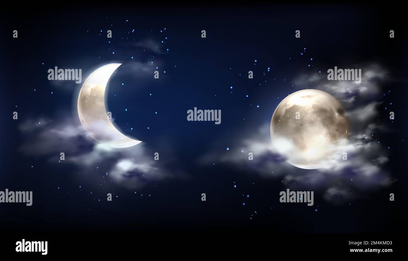 Moon in night sky with clouds and stars. Vector realistic illustration ...