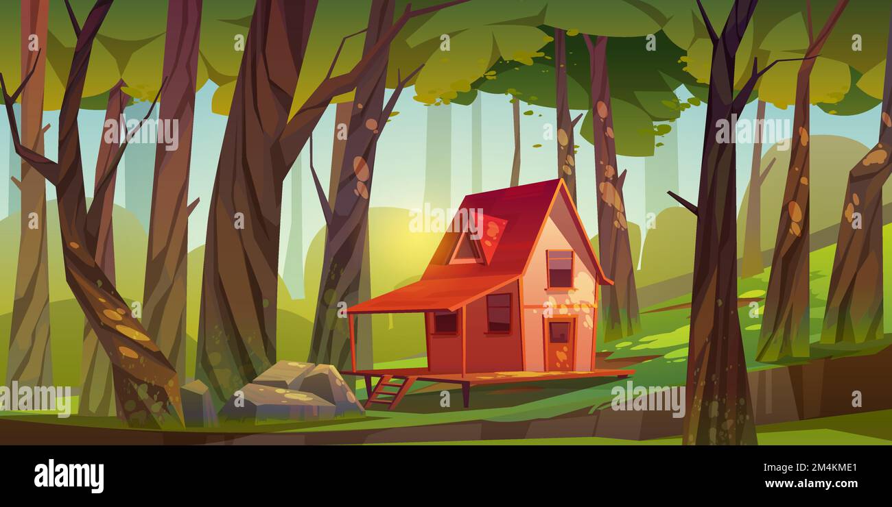 Wood house in forest or garden. Forester shack. Vector cartoon summer ...