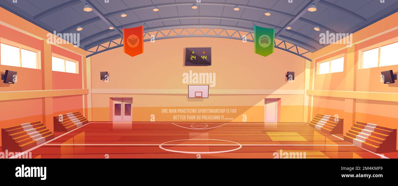 Basketball court with hoop, tribune and scoreboard. Vector cartoon ...