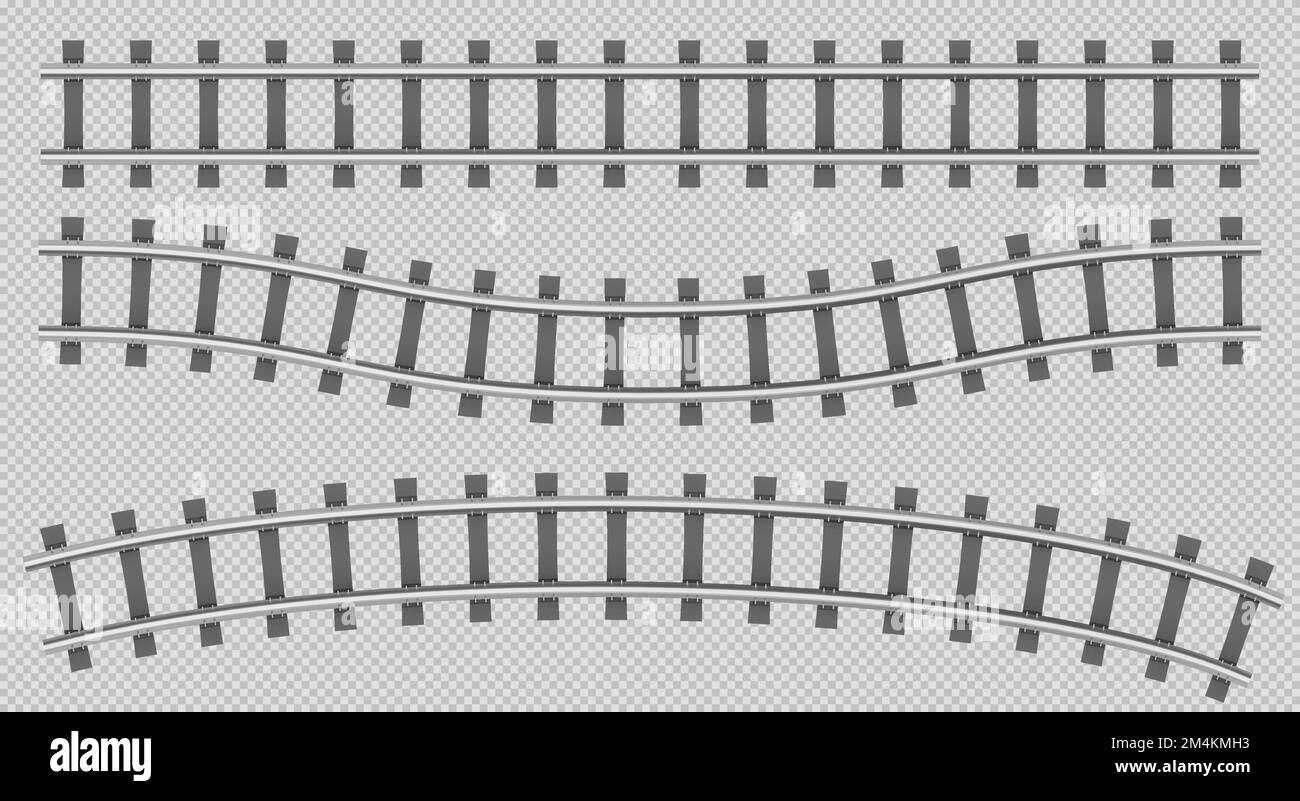 Train rails top view, railway track, straight, curve and wavy path, steel sleepers for metro ...