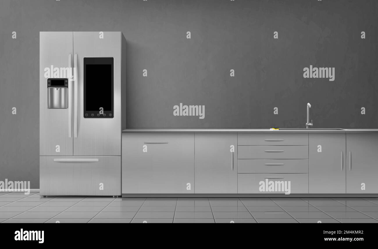 Kitchen interior with smart fridge and sink on tabletop front view ...