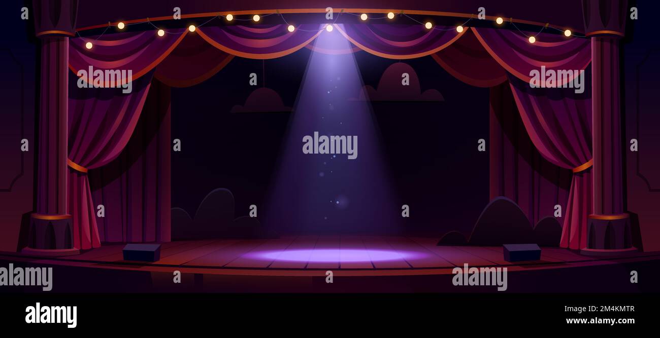 Dark theater stage with red curtains, columns and spotlight in center ...