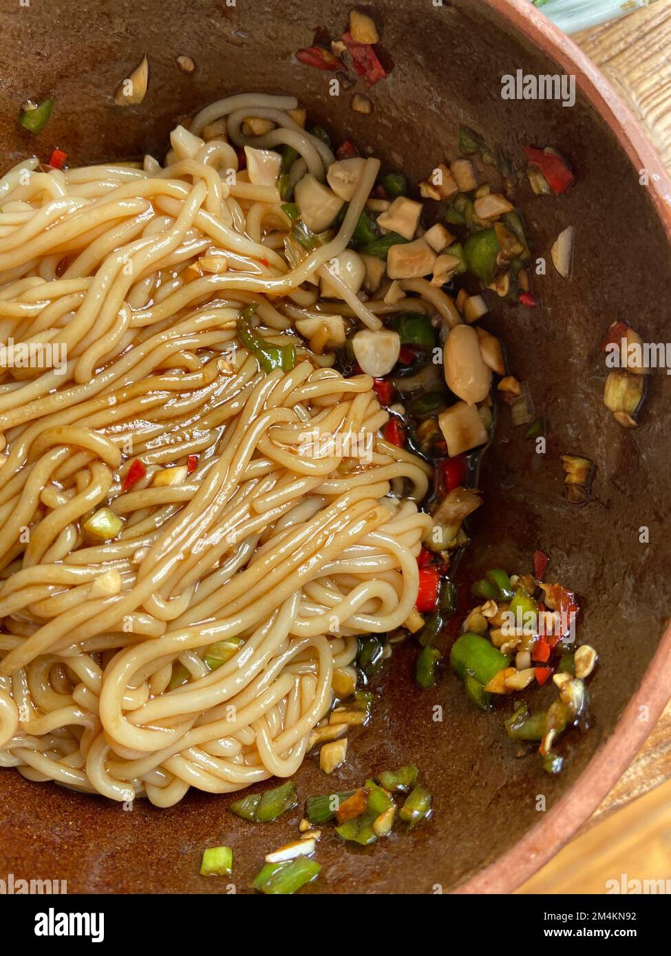 A top view of the Chinese rice noodles with soy sauce and garlic Stock ...