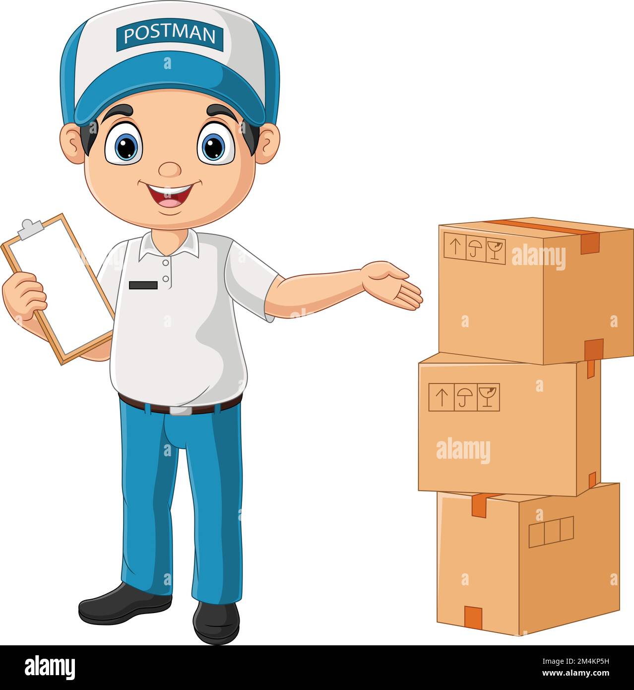 Cartoon postman with cardboard boxes and clipboard Stock Vector Image ...