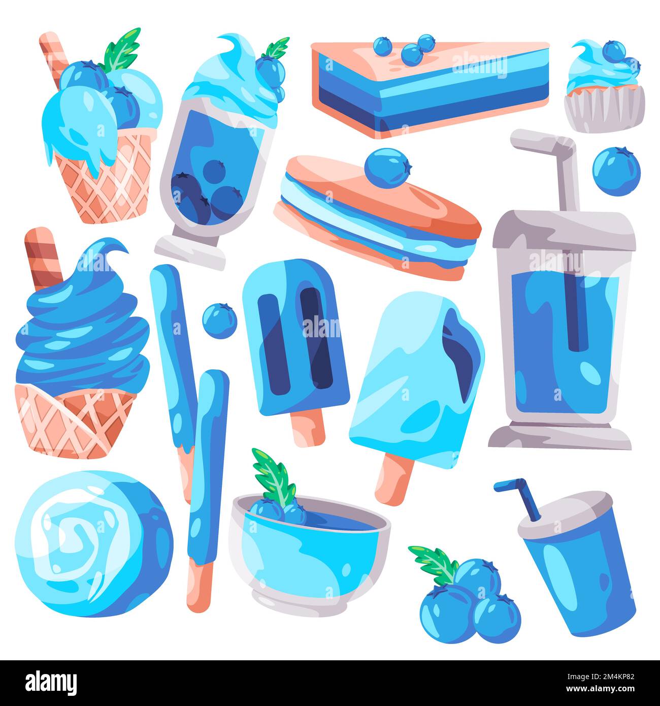 Blue berry sweets cake ice cream and beverages cartoon illustration set ...