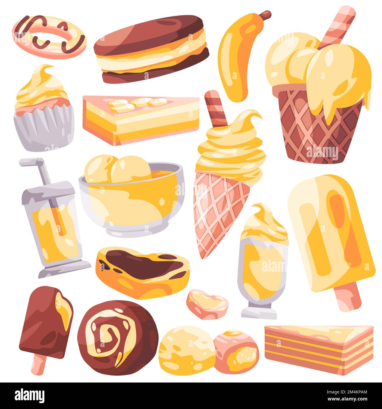 Banana yellow sweets cake ice cream and beverages cartoon illustration ...