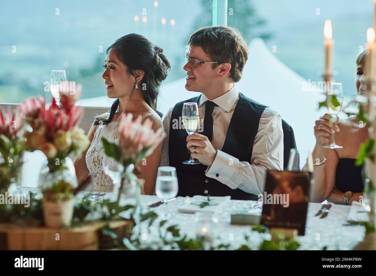Heres to the bride and groom. a cheerful young bride and groom seated ...