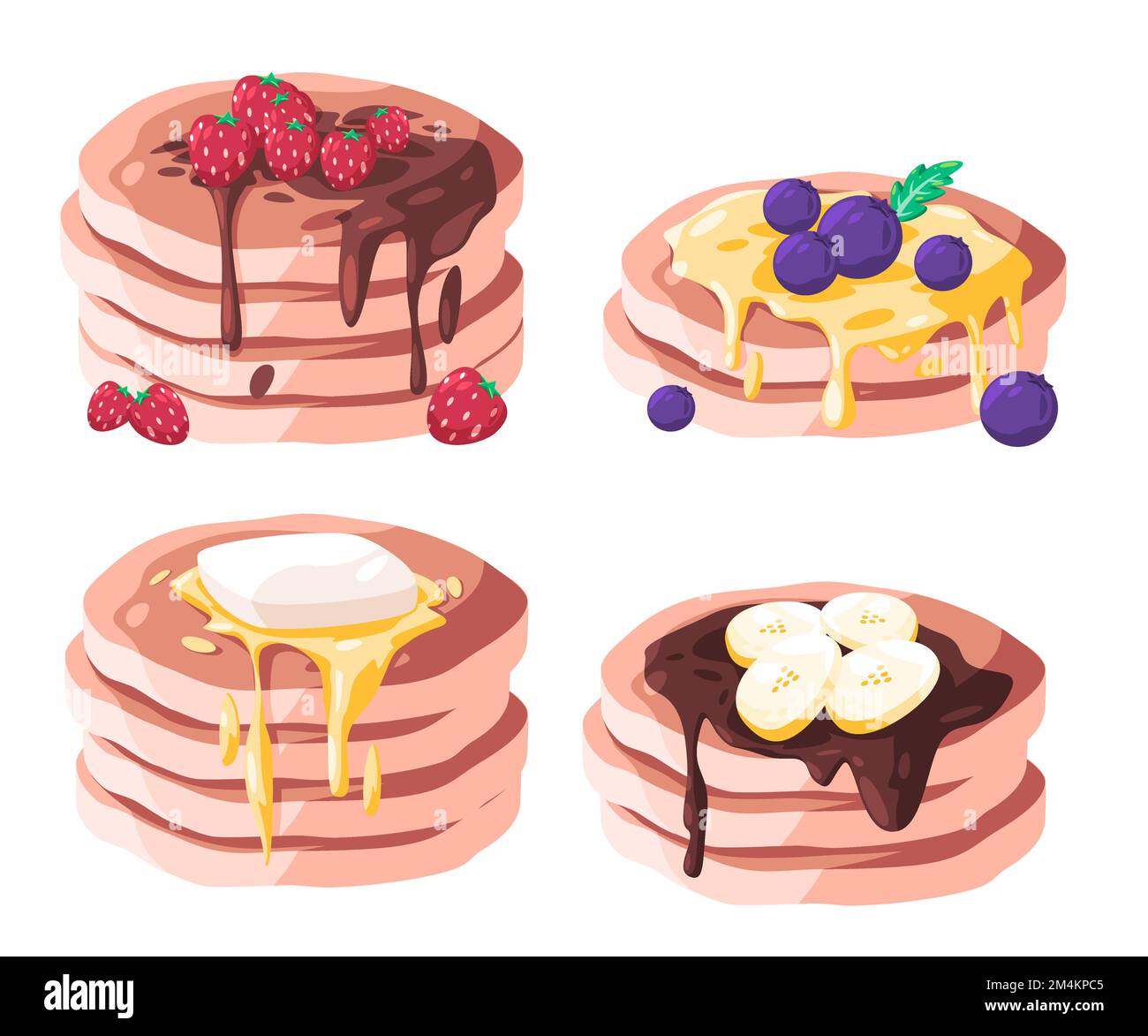 Pancakes set collection with toppings of chocolate blueberry strawberry banana slices Stock ...