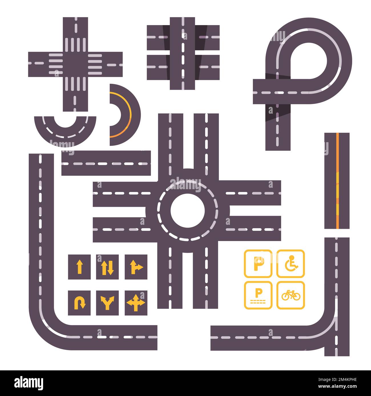 cross road top view set collection of high way line street city ...