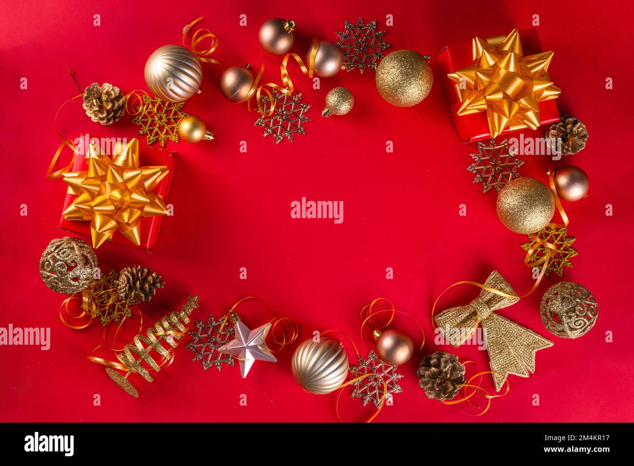 Red and gold Christmas New Year bright flat lay. Luxury gold Xmas Noel ...
