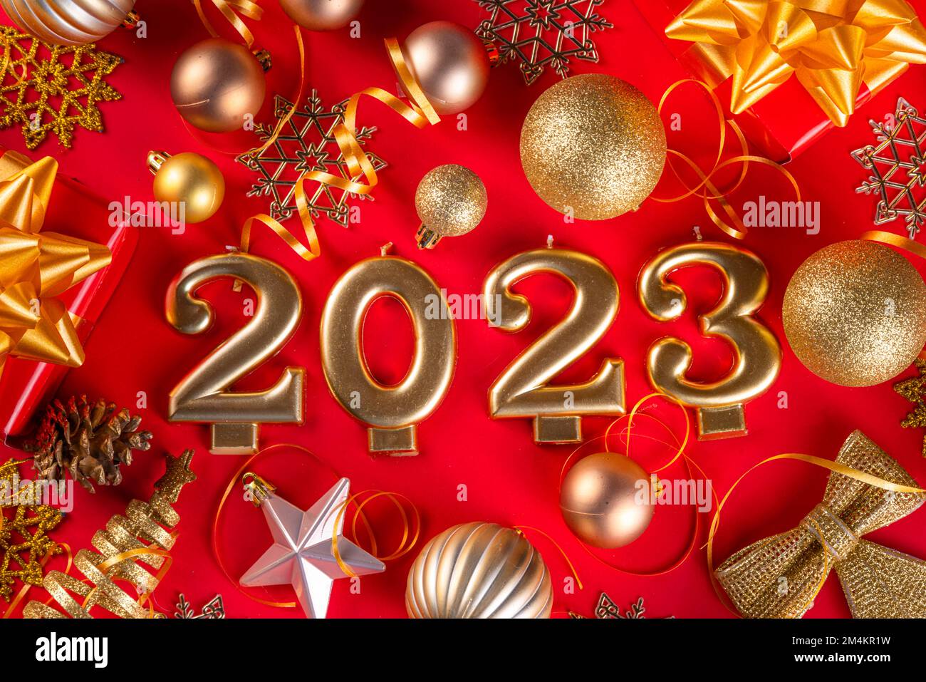 Red and gold Christmas New Year bright flat lay. Luxury gold Xmas Noel ...