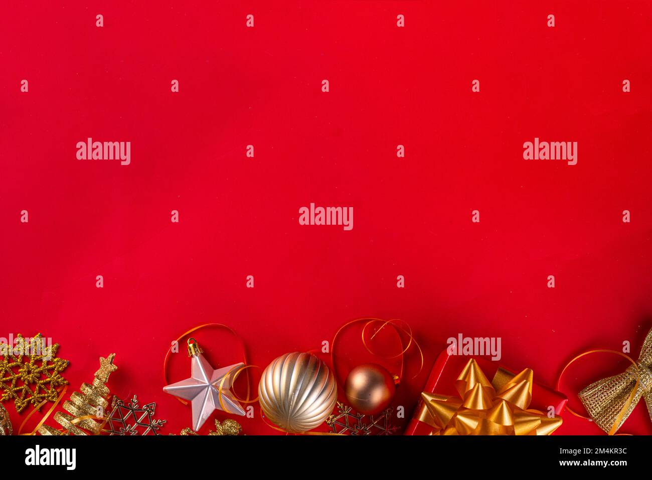 Red and gold Christmas New Year bright flat lay. Luxury gold Xmas Noel ...