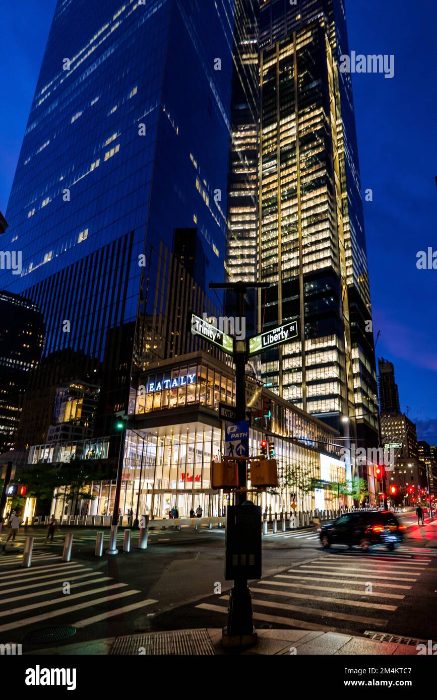 Night street view of Manhattan, road and buildings at night Stock Photo ...