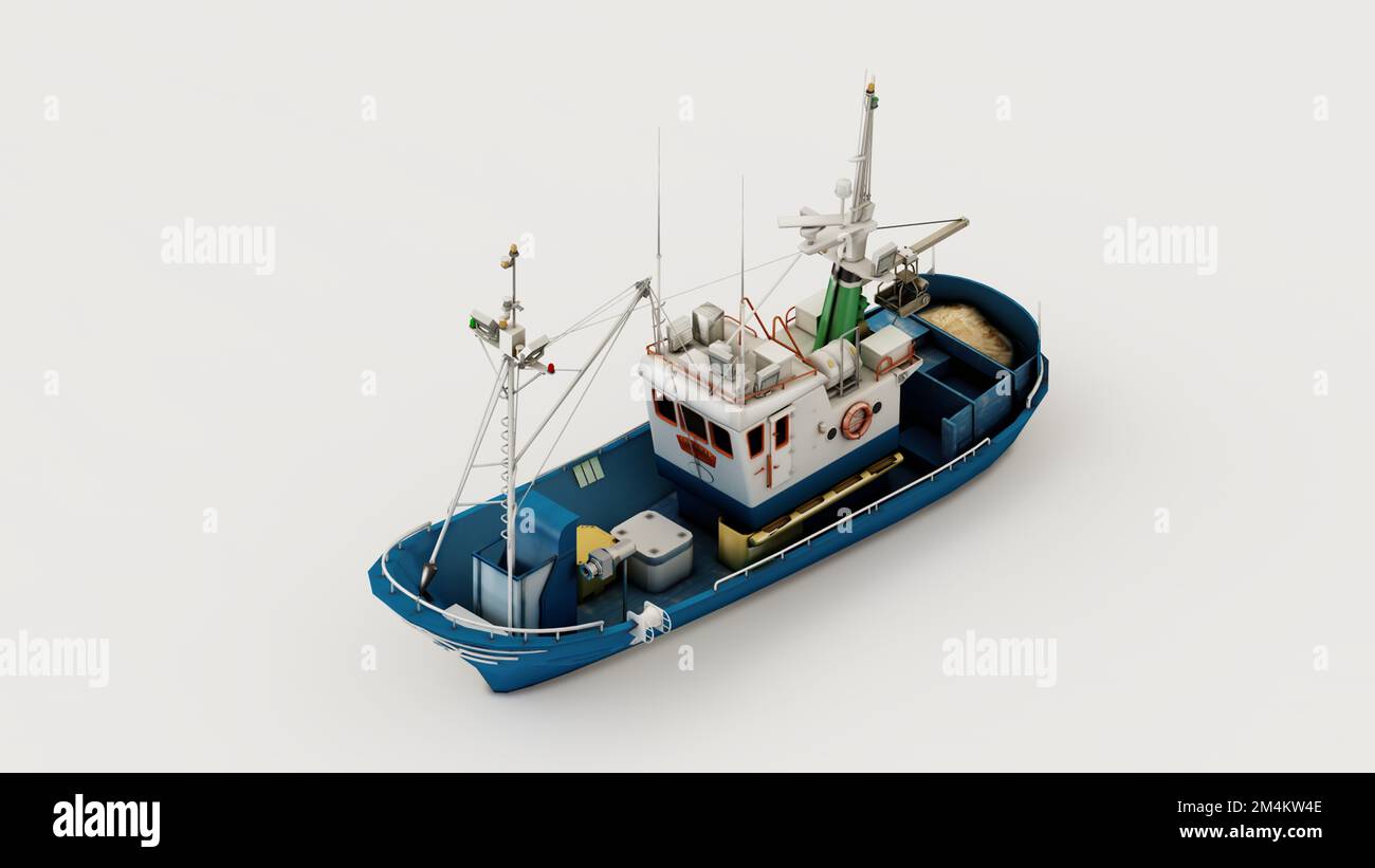 A 3D render of a fishing boat prototype model isolated on a white ...