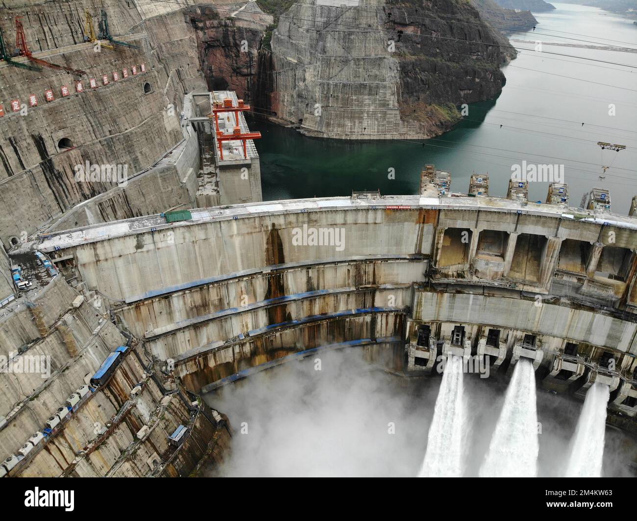 Aerial photo shows the Baihetan hydropower station located on the ...
