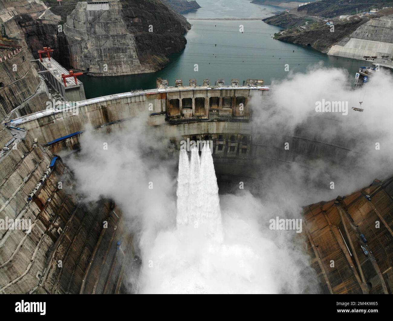 Aerial photo shows the Baihetan hydropower station located on the ...