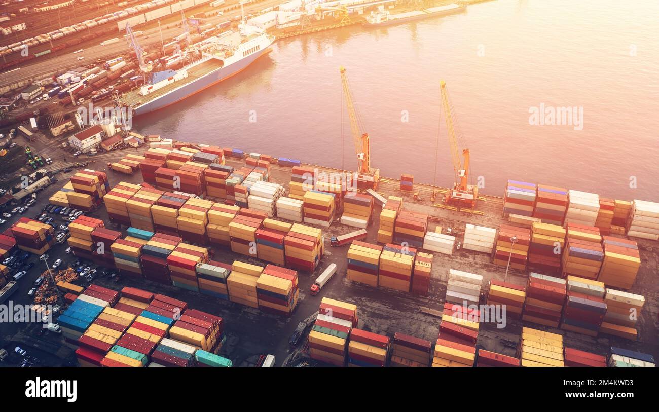 Containers in cargo freight port, aerial view. Industrial harbor ...