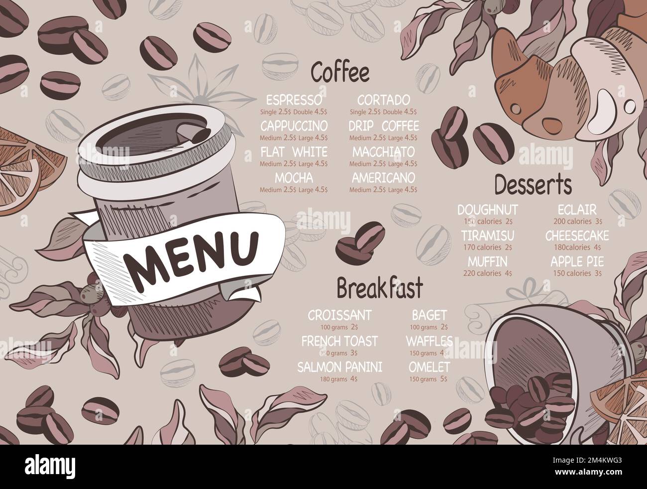 coffee menu beige vector illustration coffee and croissant takeaway ...