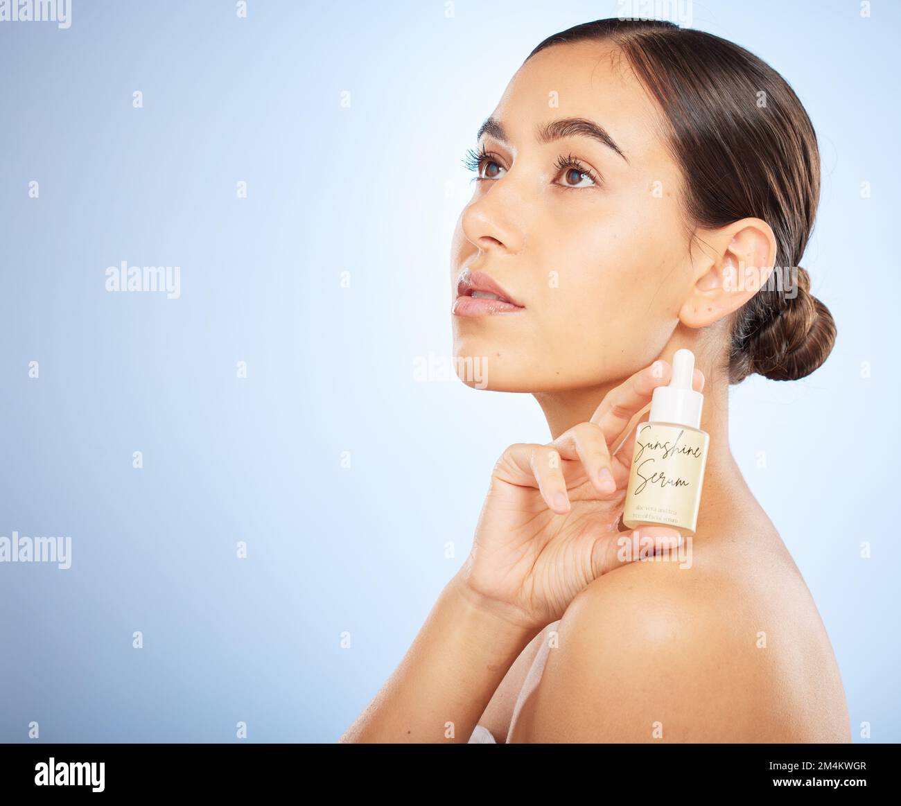 Skincare, beauty and face of woman with serum for skincare products ...