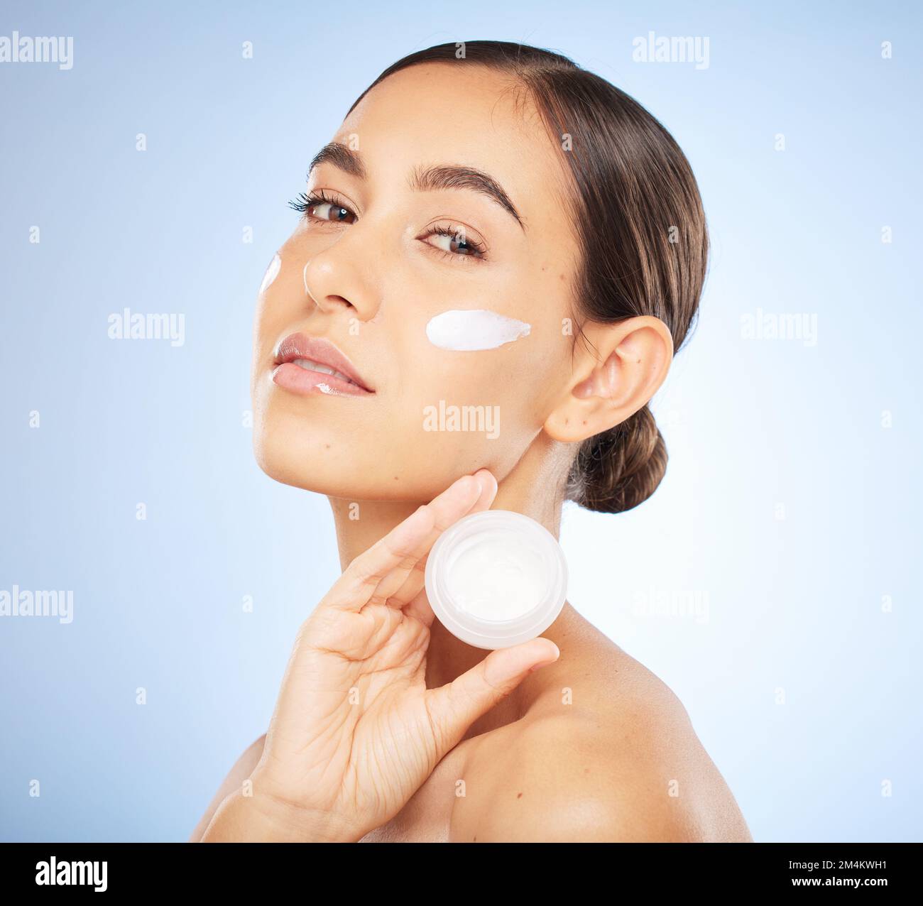 Woman, face and cream for skincare beauty, salon spa wellness and ...