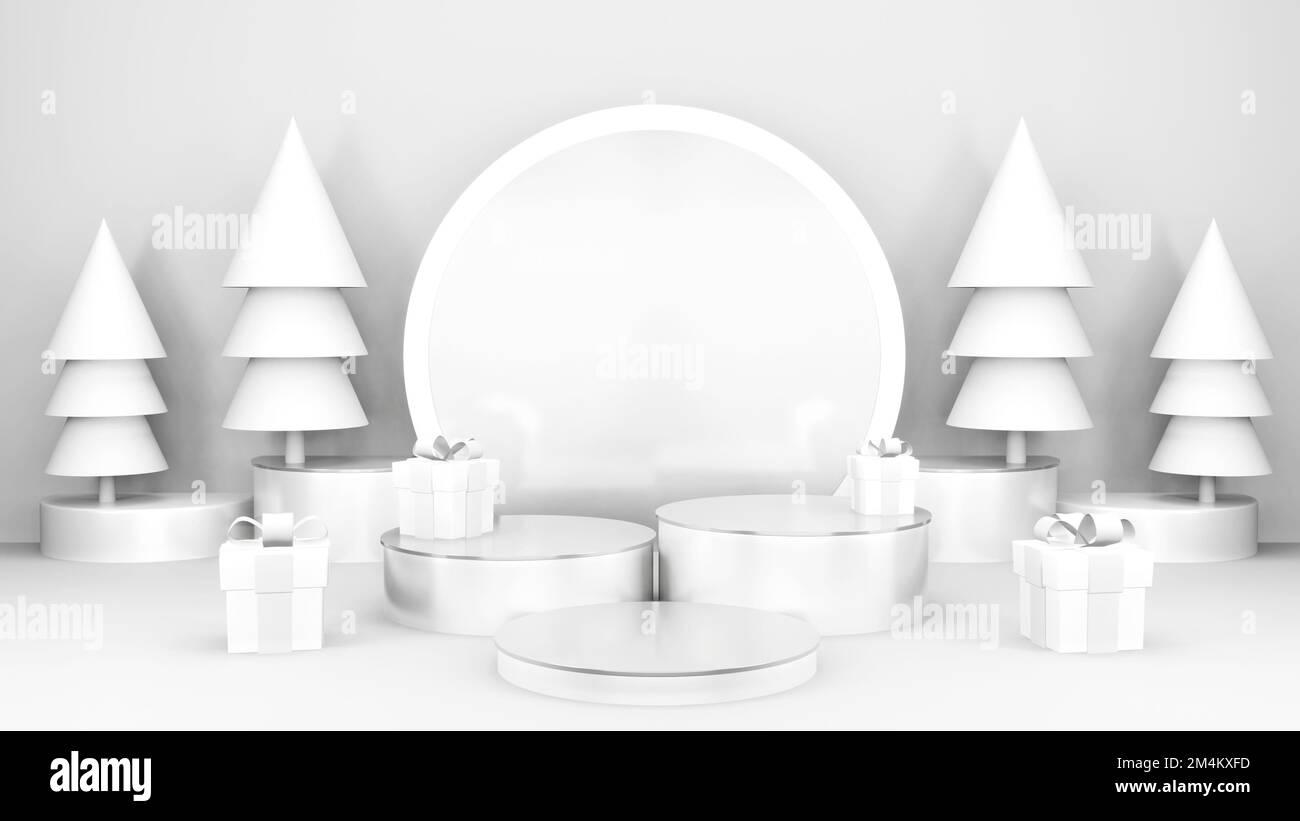 Empty stage with podium and Christmas decorations. Minimal mockup xmas ...