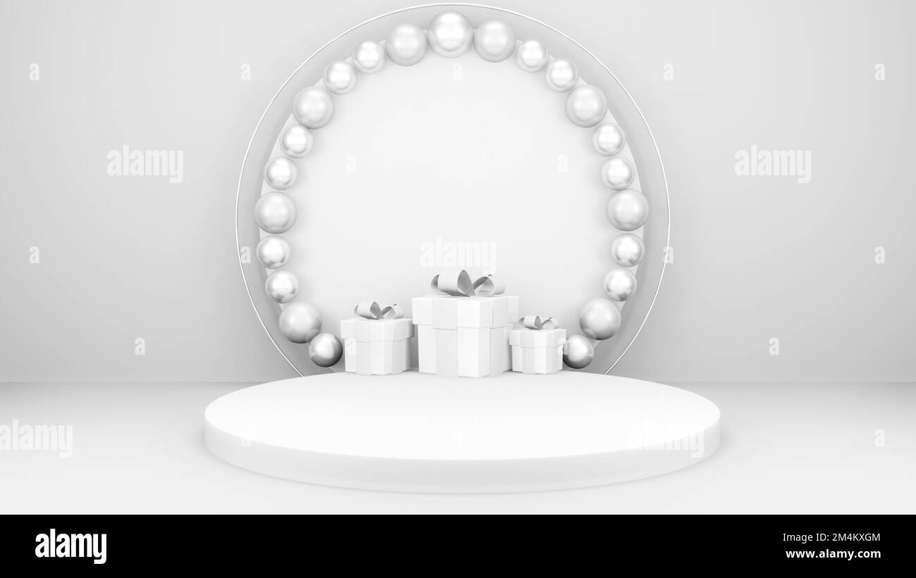 Empty stage with podium and Christmas decorations. Minimal mockup xmas ...