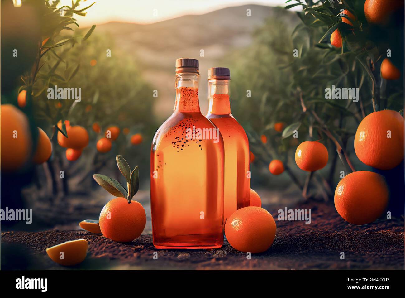 Bottles of orange alcohol or juice drinks of a beautiful bright yellow ...