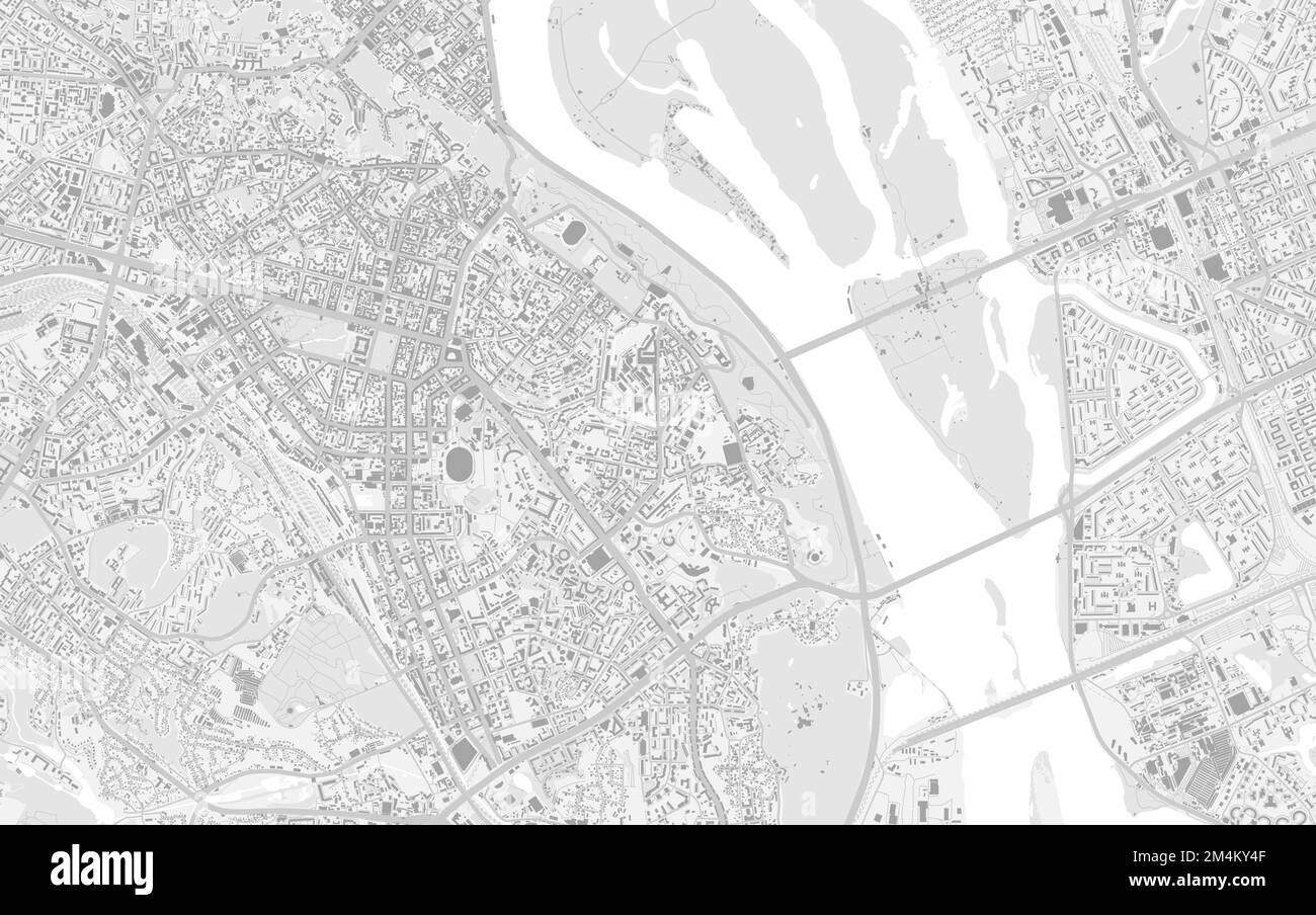 Kyiv city center map with buildings. Dnieper river, forests, roads ...