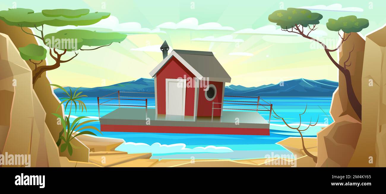 Floating house. Near coast. Dwelling with small courtyard on water ...