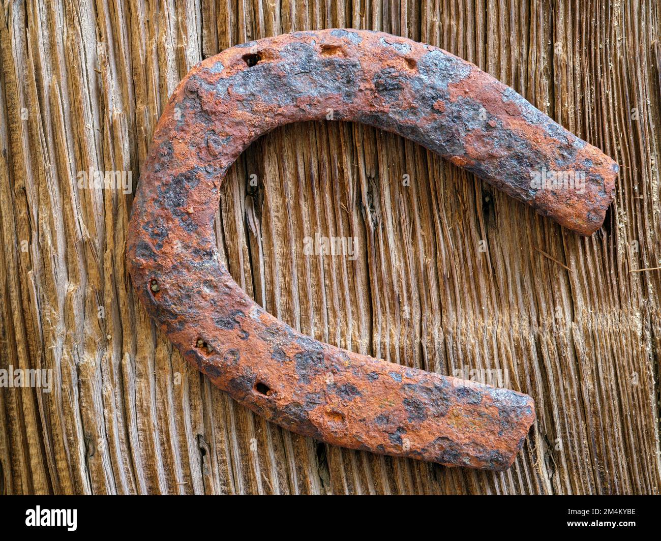 The detail of a rusty horseshoe on an old plank of wood Stock Photo - Alamy